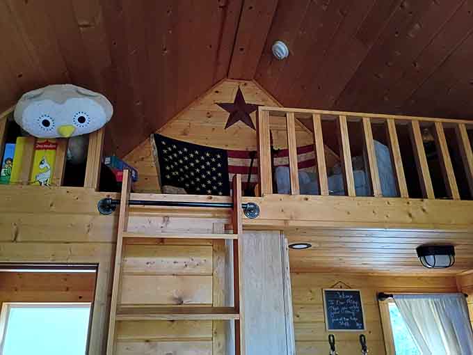 That loft space with the flag proves patriotism and whimsy can coexist beautifully among the branches.