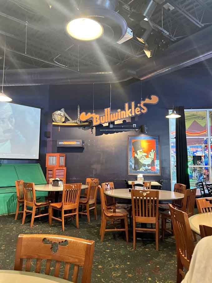 Bullwinkle oversees the dining area like a benevolent moose monarch watching his delightfully chaotic kingdom unfold.