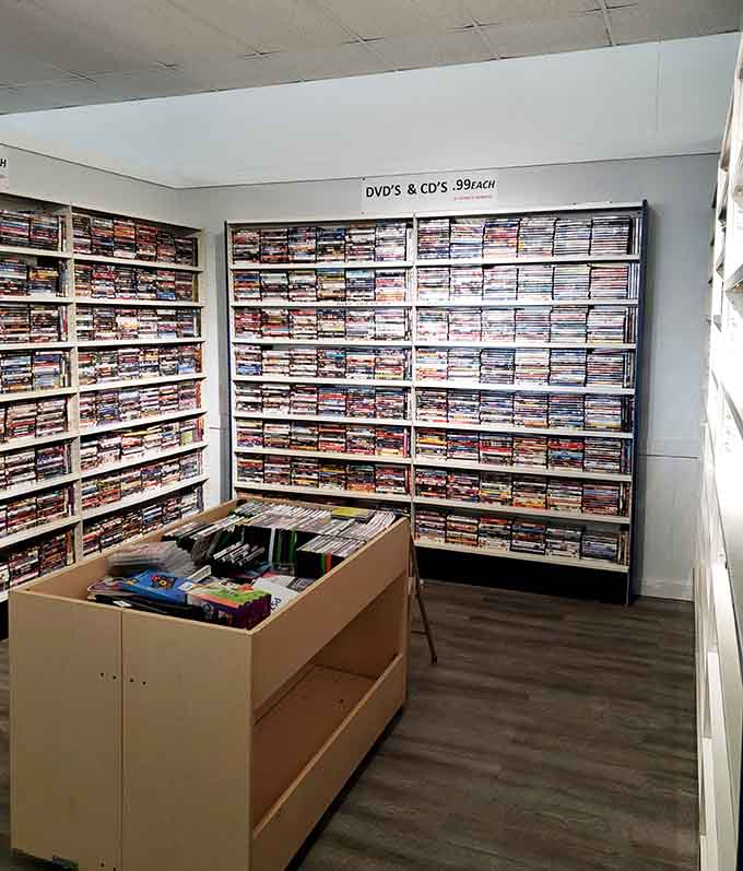 DVDs stacked wall-to-wall for those who remember when physical media was king and streaming wasn't invented.