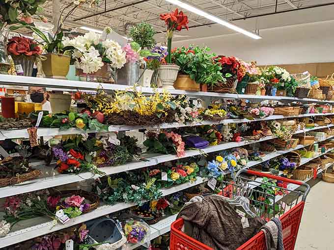 Artificial flowers bloom eternally here, providing home decor solutions for those of us with less-than-green thumbs.