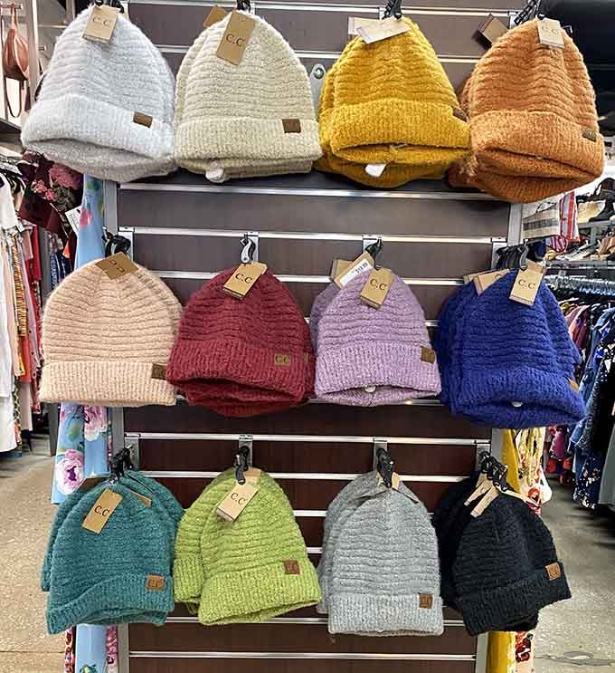 Beanies in every shade imaginable, proving winter accessories don't need to drain your heating bill fund.