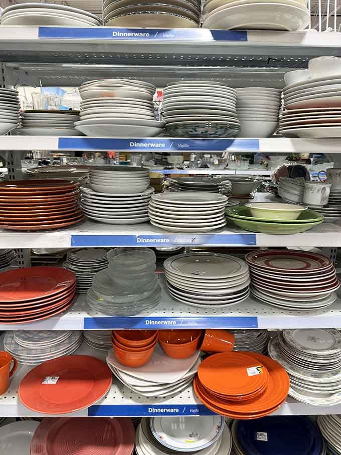 Stacks of plates and bowls in every color imaginable, ready to host your next dinner party beautifully.