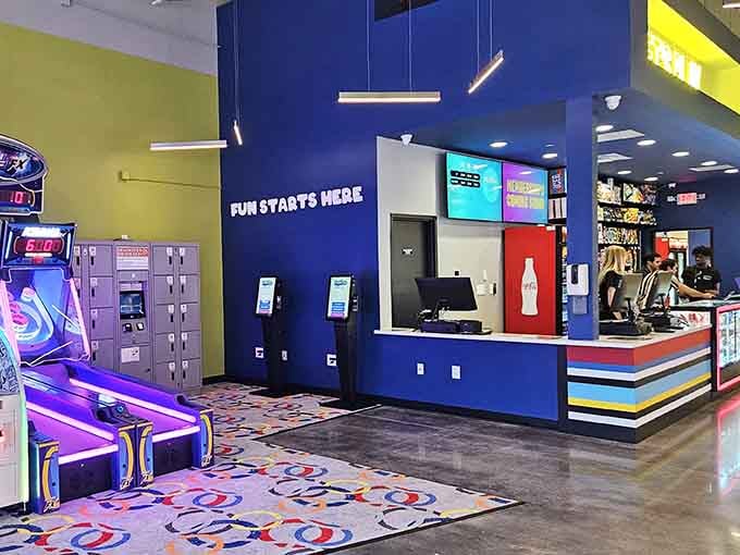 The entrance desk displays "Fun Starts Here" in case you somehow missed the massive inflatable park behind you.