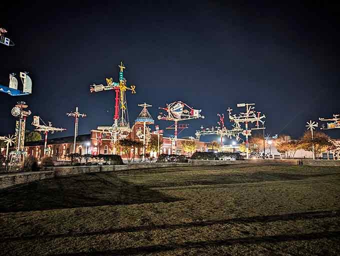 At night, these illuminated giants look like they're hosting the world's coolest outdoor art gallery opening.