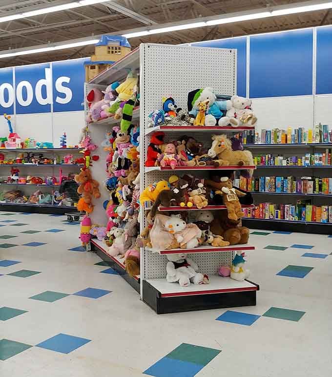 Stuffed animals piled high enough to make any grandkid squeal with delight at grandma's next visit.