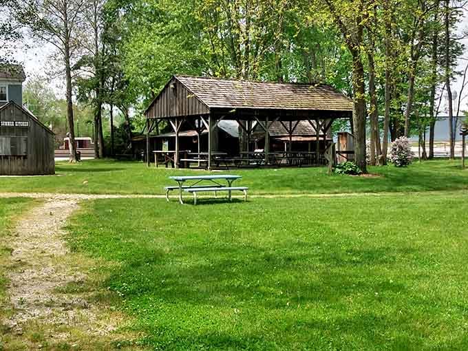 The covered pavilion offers shade and picnic potential, proving some amenities transcend the centuries beautifully.