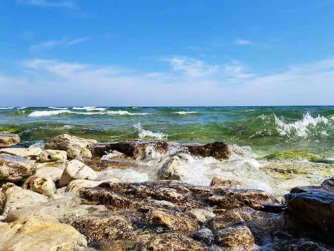 When Lake Michigan gets feisty, the waves put on quite a show against these ancient rocks.