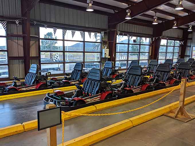 Go-kart racing facilities sit ready for action, offering the kind of competitive fun that brings out everyone's inner Mario Andretti, regardless of actual driving ability.
