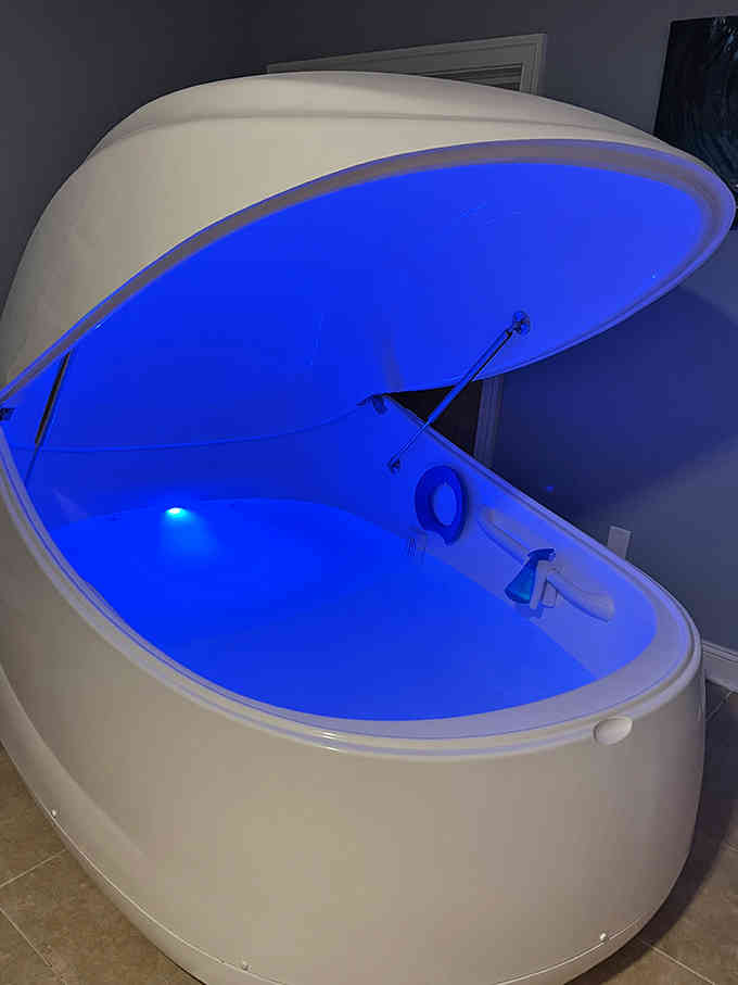 That futuristic floatation tank looks like something from a sci-fi movie, but the relaxation it provides is wonderfully real.