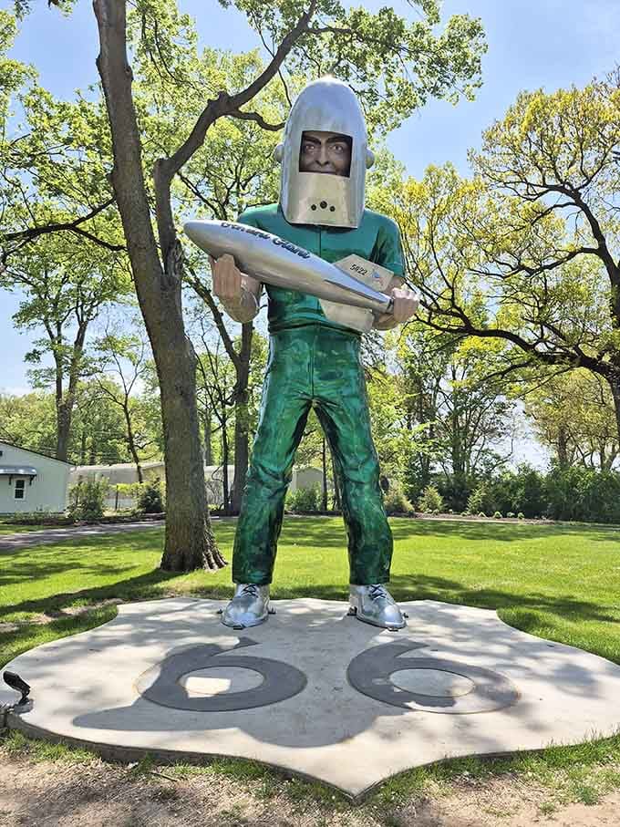 The Gemini Giant stands guard over Route 66, proving that roadside Americana will always beat boring highway exits.