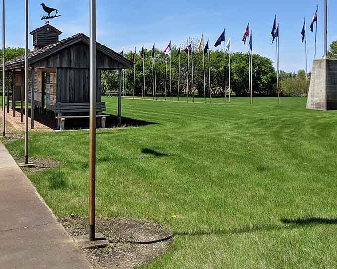 The memorial complex sprawls across pristine grounds where flags flutter and history meets whimsy in perfect harmony.