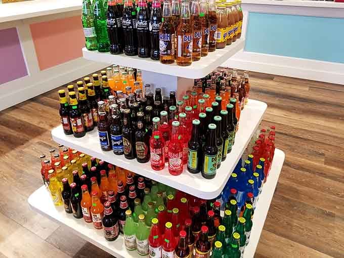A soda bottle pyramid that's basically a museum exhibit celebrating fizzy drinks from every corner of America.