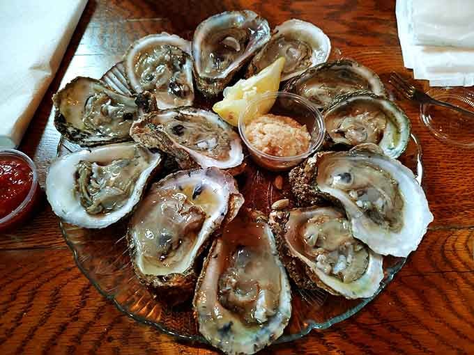 Fresh oysters on the half shell glisten like little treasures from the Chesapeake, cocktail sauce standing ready.