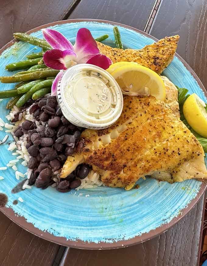 This trio of fresh catches with black beans and green beans shows the kitchen's commitment to variety on one beautiful plate.