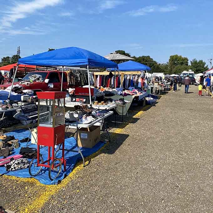 Blue tents stretch across the open lot, creating a weekend bazaar where one person's extras become another's treasures.