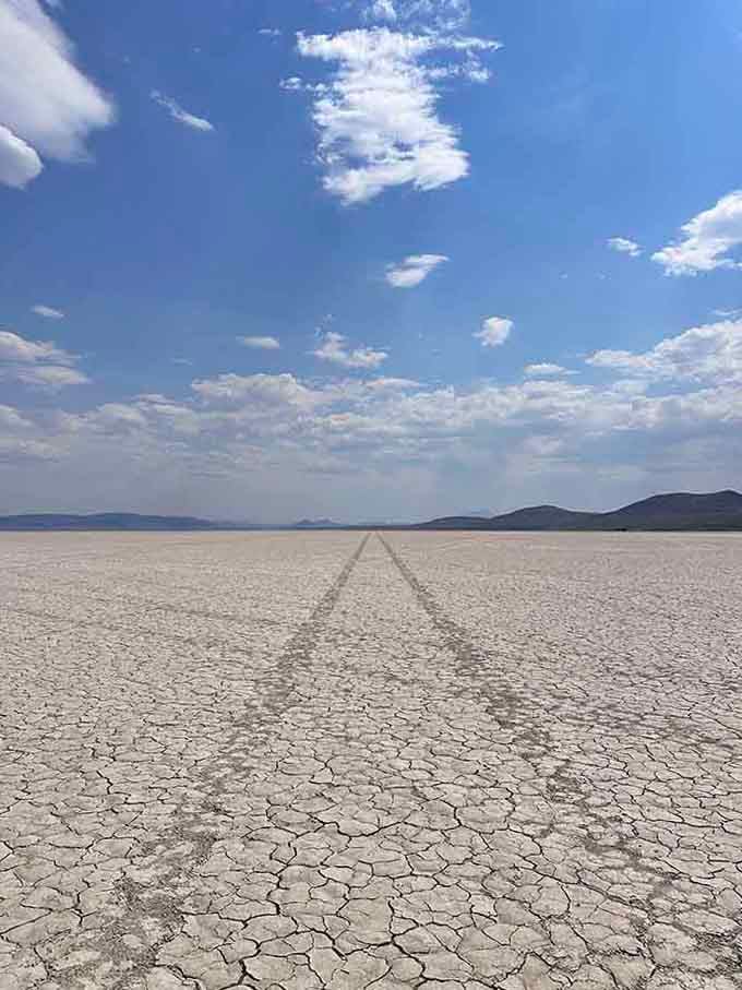 Cracked earth stretches endlessly toward distant mountains, creating a landscape so flat it could double as nature's bowling alley.
