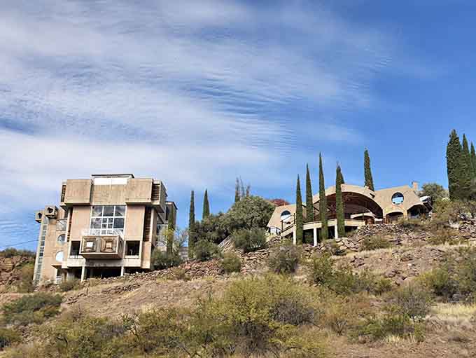 These concrete structures rising from the hillside look like a sci-fi movie set that decided to stay.
