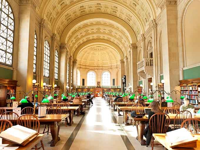 Barrel-vaulted ceilings and green reading lamps evoke every grand European library you've ever dreamed about.