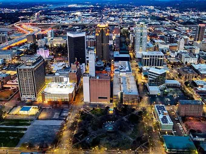 Birmingham glows at twilight like a jewel box someone left open, its towers reaching skyward with Southern determination.