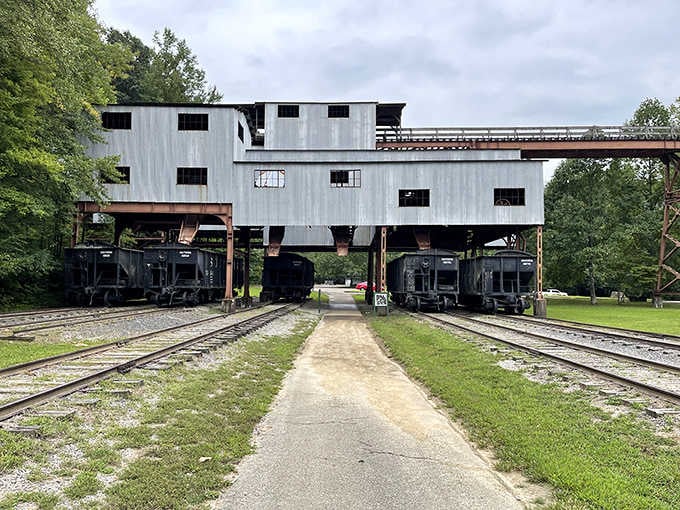 This elevated coal tipple structure stands like a giant steel bridge, showcasing the impressive engineering of mining-era America.