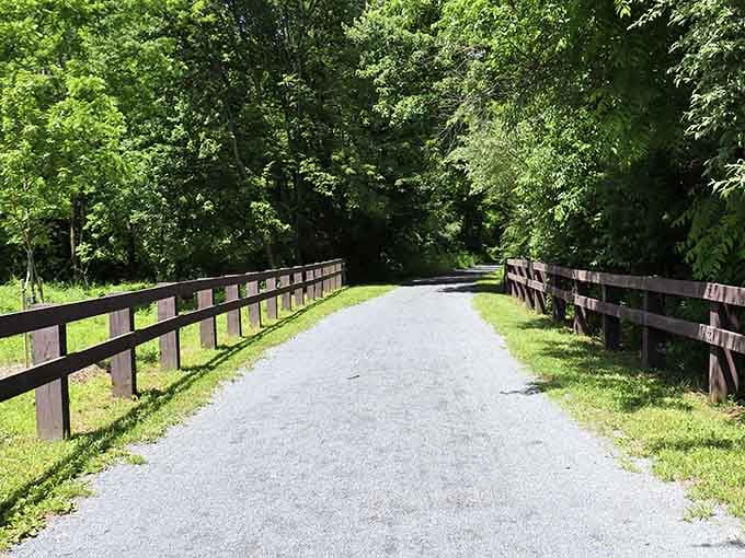 Wooden fences guide you down a smooth, paved trail that's perfect for strollers, wheelchairs, or anyone seeking easy beauty.