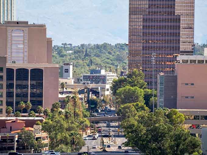 Historic buildings frame a central plaza where community gatherings happen under trees that provide welcome shade year-round.