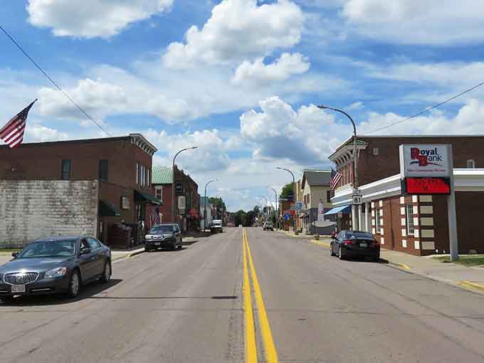Main Street stretches toward distant bluffs, framing this river town perfectly between earth and endless Midwestern sky.