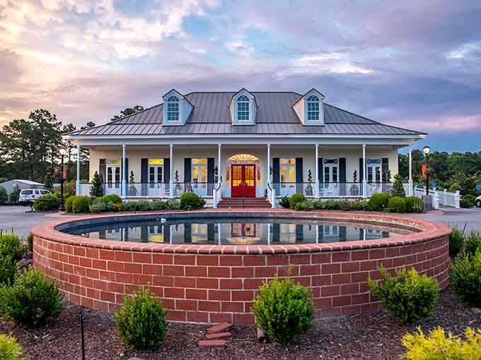 The elegant fountain and welcoming porch at sunset create a scene worthy of "Designing Women" or your favorite Southern magazine.