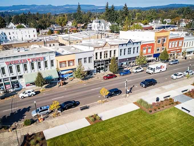Aerial views reveal a compact downtown where everything's walkable, saving gas money while keeping you healthier than any gym membership.