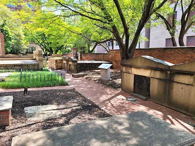 Weathered tombstones and brick pathways wind through this historic cemetery where Baltimore's literary legend found his final rest.