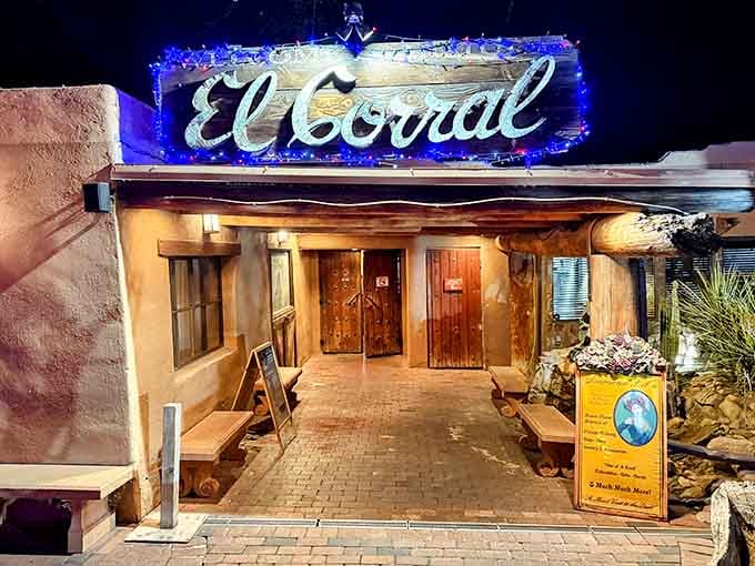 That brilliant blue neon sign beckons like a desert oasis for anyone craving prime rib and old-school charm.