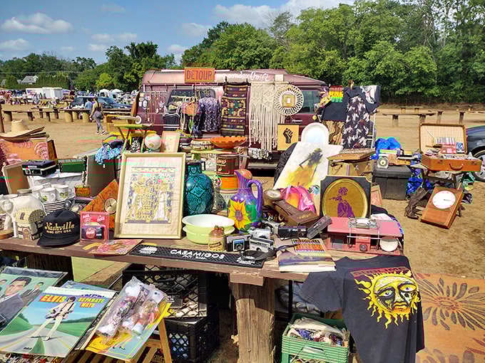 This vendor's eclectic table overflows with vintage records, quirky art, and retro finds that spark pure nostalgic joy instantly.