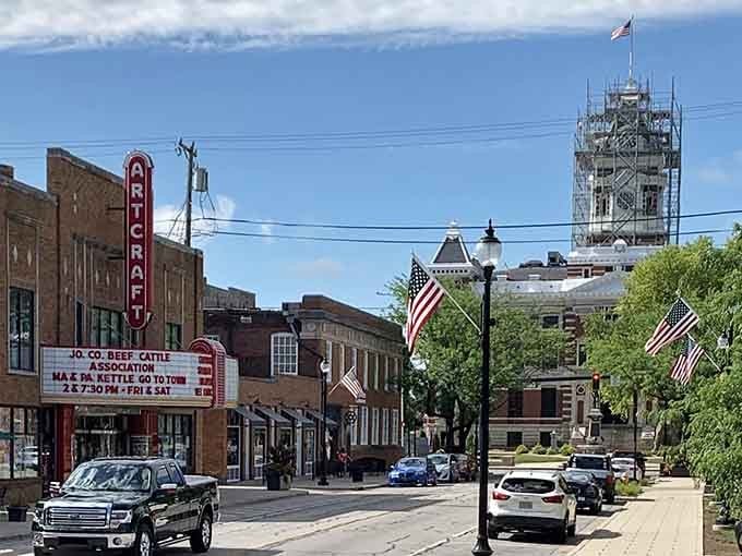 Franklin's downtown features the historic Artcraft Theatre marquee standing guard over the bustling courthouse square.
