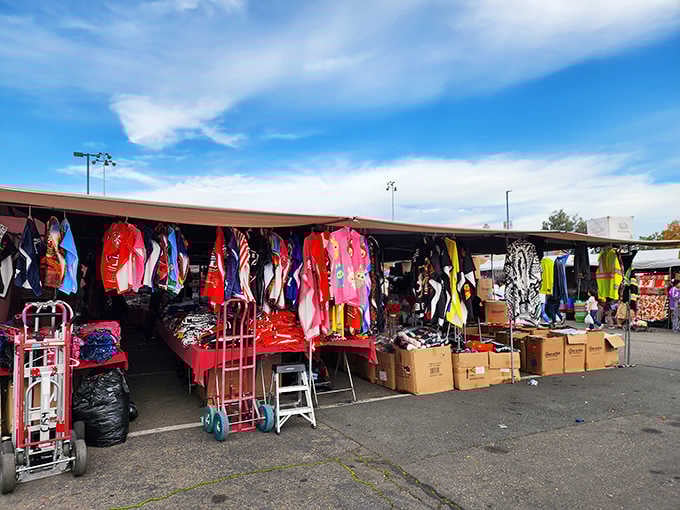 Bright clothing racks pop against the neutral tones&mdash;it's like a rainbow exploded in the best possible way.