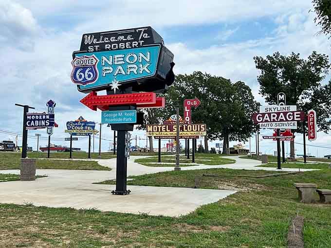 Vintage neon signs glow with Route 66 nostalgia, each one a rescued treasure from America's golden age of road trips.