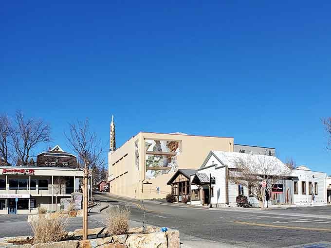 Empty streets and blue skies frame this Gold Rush town where history whispers from every weathered storefront.