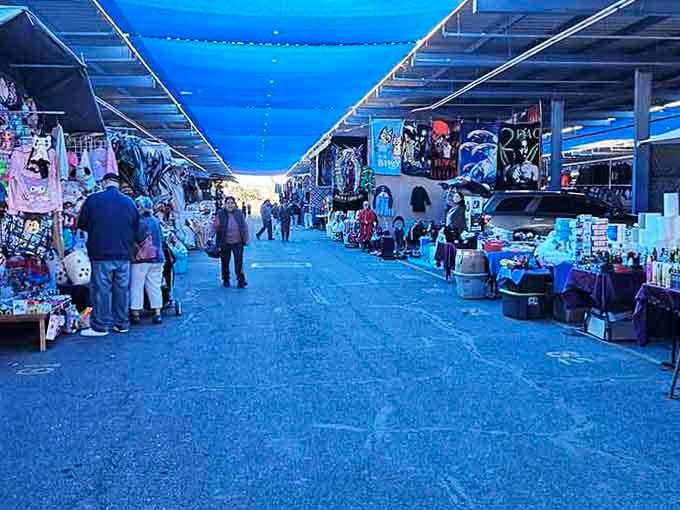 Rows of vendors stretching into the distance promise hours of discovery beneath protective canopies and metal roofing.