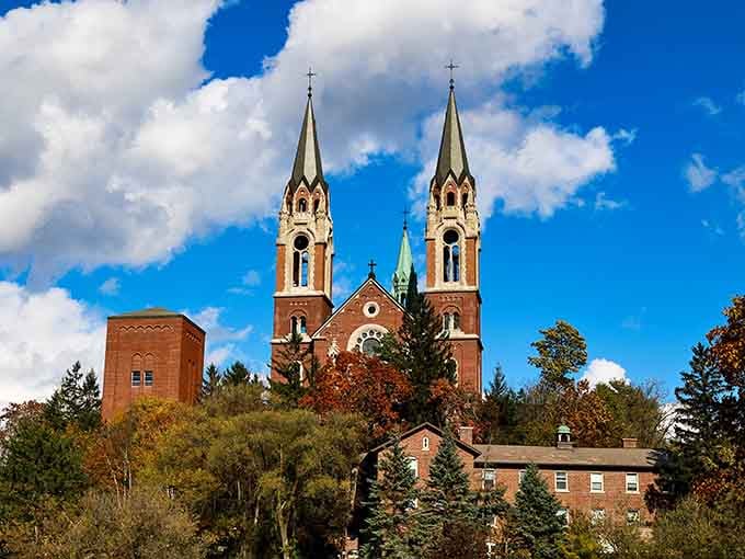 Standing tall against puffy clouds, this basilica proves that Wisconsin's got more than cheese to brag about.