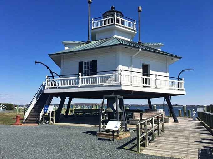 Perched on stilts among the boats, this lighthouse looks ready to walk away and join the marina party.