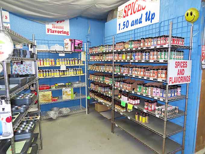 Spice shelves stretch wall-to-wall, holding enough flavoring options to make Julia Child's kitchen jealous with envy.