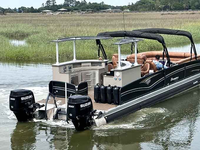 Twin motors power your journey through winding waterways where nature puts on its best daily show.