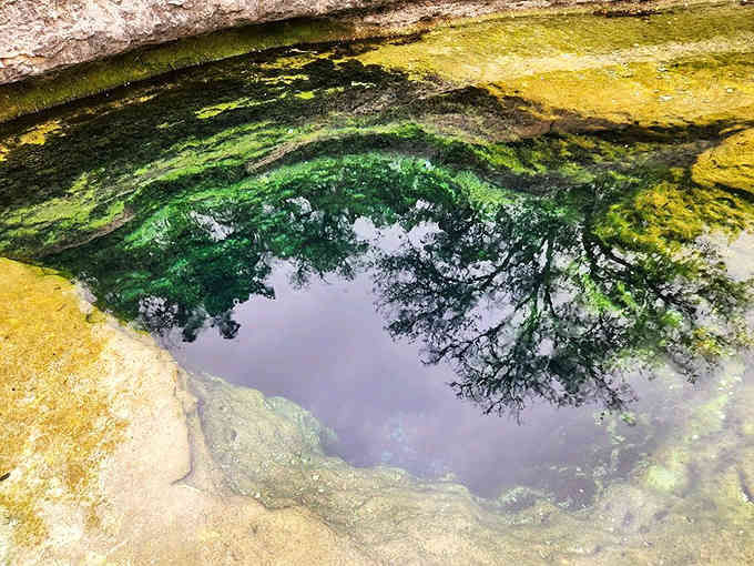Crystal-clear spring water reveals an opening to mysterious depths, inviting wonder while demanding respect and caution.