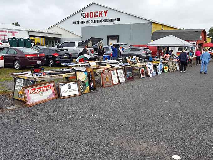 Vintage signs and memorabilia line the pavement like a nostalgic trip down memory lane with bargain prices attached.