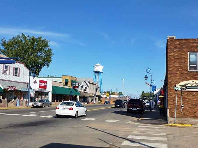 The water tower peeks over buildings like a friendly giant keeping watch over this proud Scandinavian community.