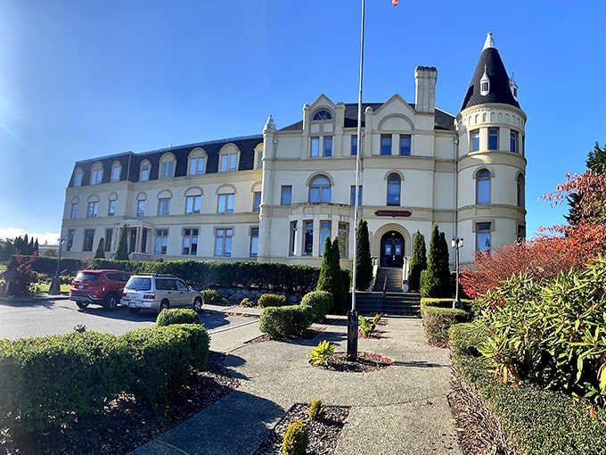 The castle's distinctive tower and pale facade perch regally above town like European royalty surveying their domain.