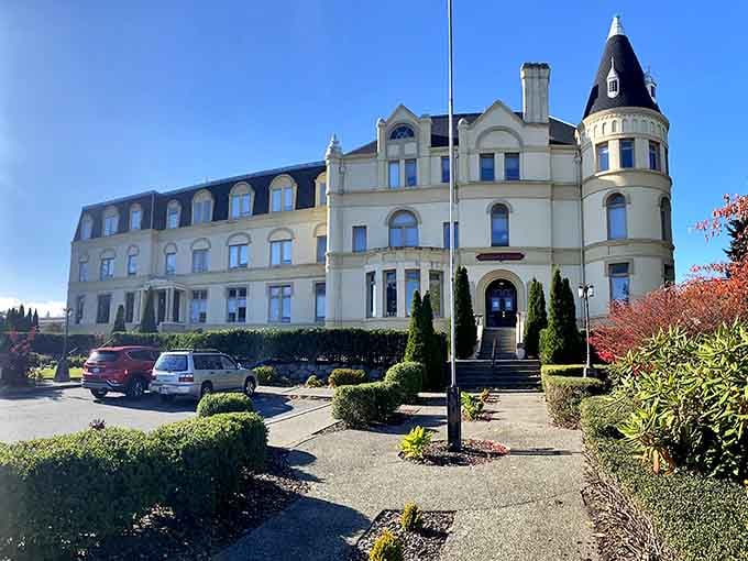 The castle's turret and grand entrance promise elegant rooms where you might encounter friendly ghosts.