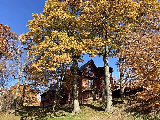 Mark Twain's vibrant Victorian mansion stands bold in orange and black, as colorful and unforgettable as his storytelling itself.
