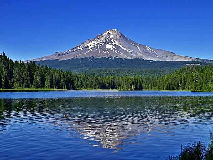 The snow-capped peak reflects perfectly in these still waters, creating a mirror image that doubles your viewing pleasure.