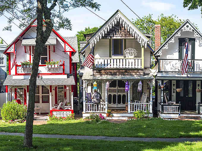 Gingerbread cottages painted in rainbow hues create a storybook scene that makes you believe in fairy tales.