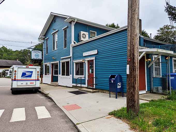 Old Mystic's bright blue post office building proves that even mail delivery can have personality and small-town character to spare.